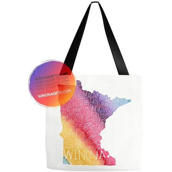 Winona MN Typography Tote Bag Rainbow Watercolor