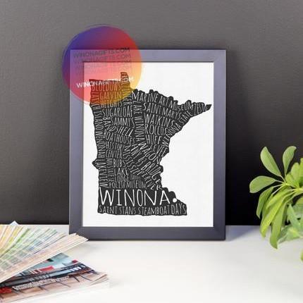 Framed Poster Winona MN Typography Map, 8x10